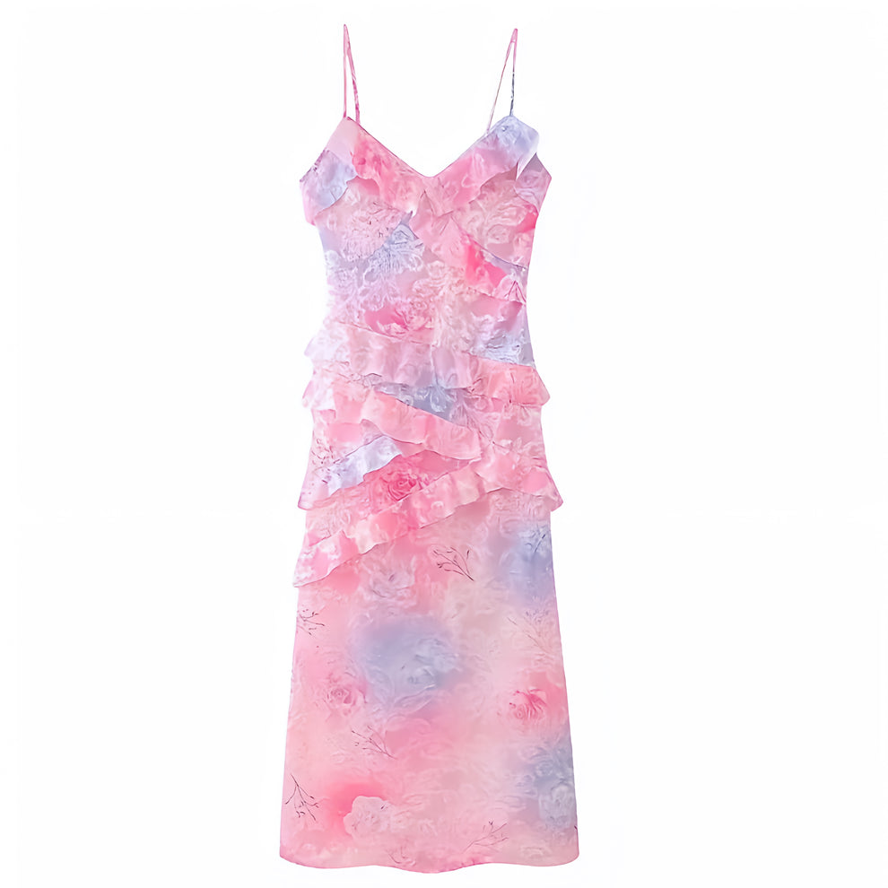 Light Pink Layered Ruffle Floral Bodycon Spaghetti Strap Maxi Dress ...