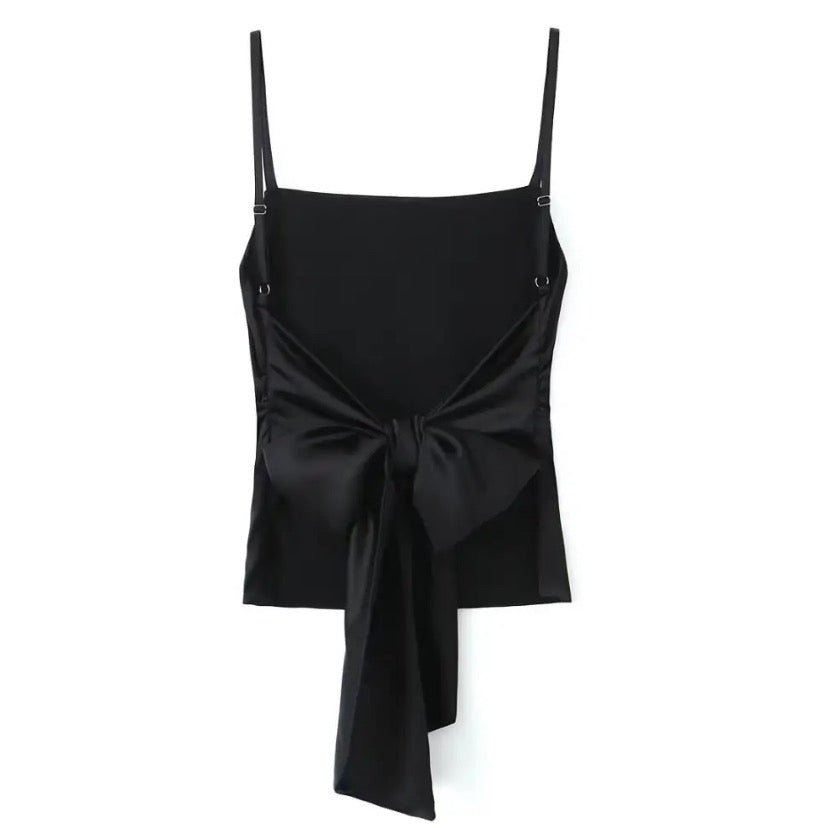 Women's Black Satin Bow Backless Slim Fit Spaghetti Strap Tank Top ...