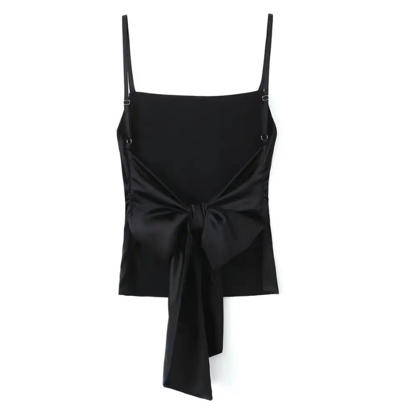 Women's Black Satin Bow Backless Slim Fit Spaghetti Strap Tank Top ...
