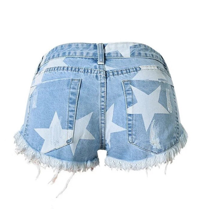 Light Wash Blue Faded Star Low Rise Distressed Denim Mini Shorts ...