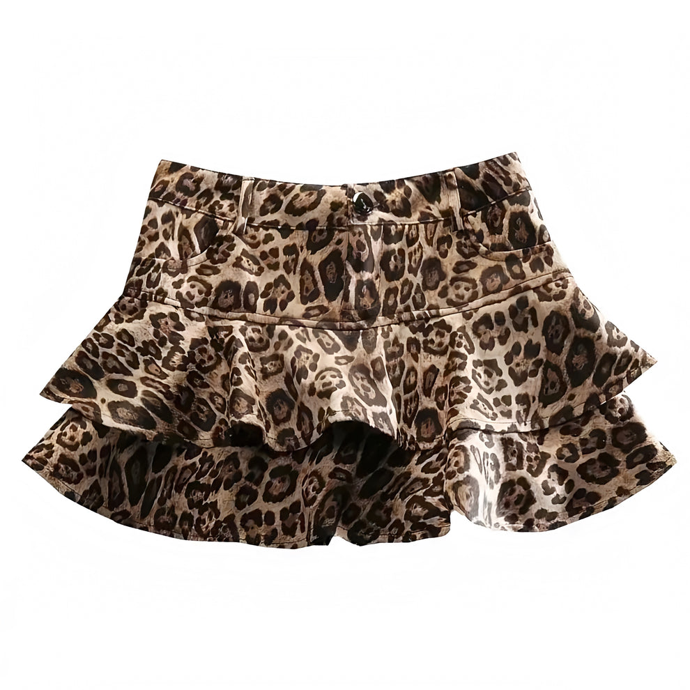 Leopard Print Layered Ruffle Trim Low-Rise Mini Skirt With Shorts ...